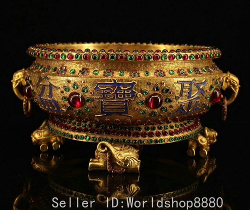 12.8" Ancient Chinese Pure Copper Gilt Inlay Gems Elephant Handle ...