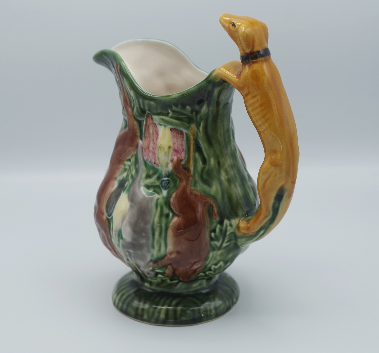 XIX C. MAJOLICA WILD GAME JUG PITCHER HOUND HANDLE 1880's AU BAIN MARIE ...