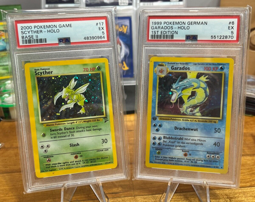 Gyarados 1st Edition Base set 6 GERMAN Pokemon card PSA 5 & Scyther 17 ...