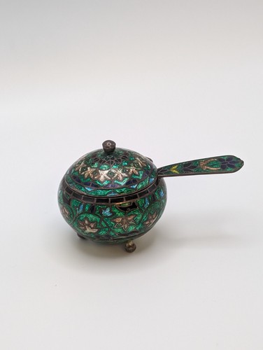 Antique silver enamel Indian salt cellar, container and spoon ...