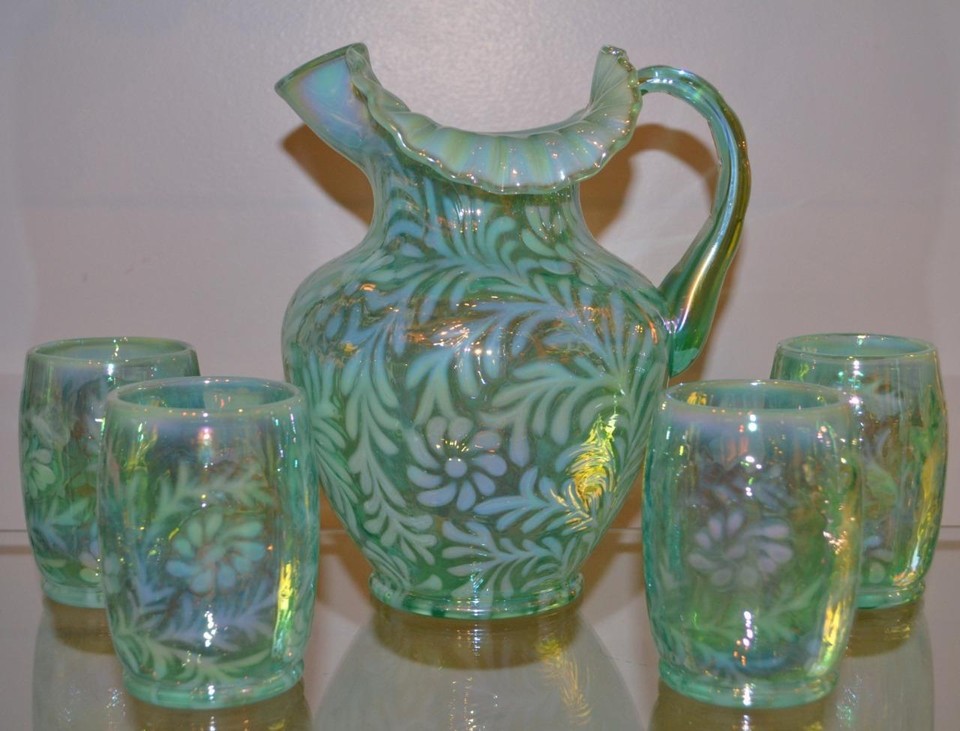 FENTON WATER SET Daisy & Fern Springtime Green Opalescent 5pc RARE!! | eBay