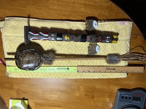 Native American Totem & Turtle Shell Rattle Beaded Leather Fur Wood 25 ...