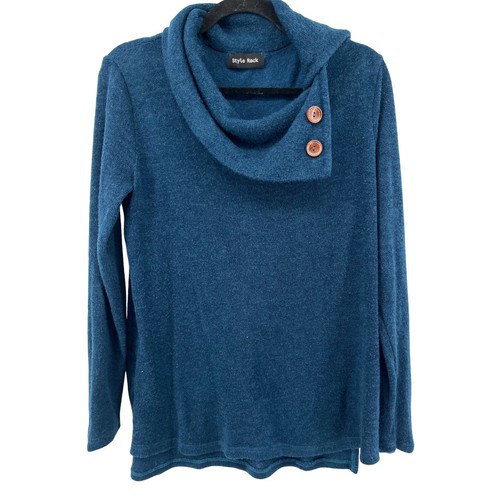 Style Rack Teal Blue Cowl Neck Pullover Sweater Buttons Long Sleeve ...