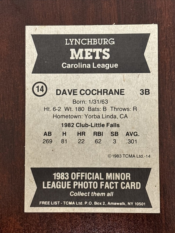 1983 TCMA Lynchburg Mets Dave Cochrane AUTO Autograph Signed | eBay