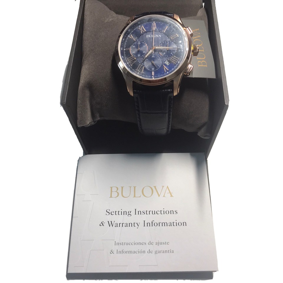 Bulova Wilton men watch Chronograph Stainless Steel blue leather strap ...