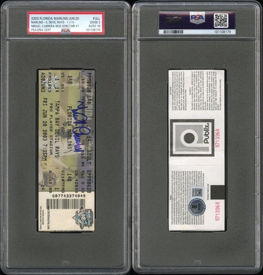 2003 Miguel Cabrera Signed MLB Debut Ticket 6/20/03 Marlins Rays PSA ...