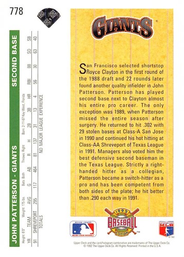 John Patterson 1992 Upper Deck 778 San Francisco Giants Rookie BASEBALL ...