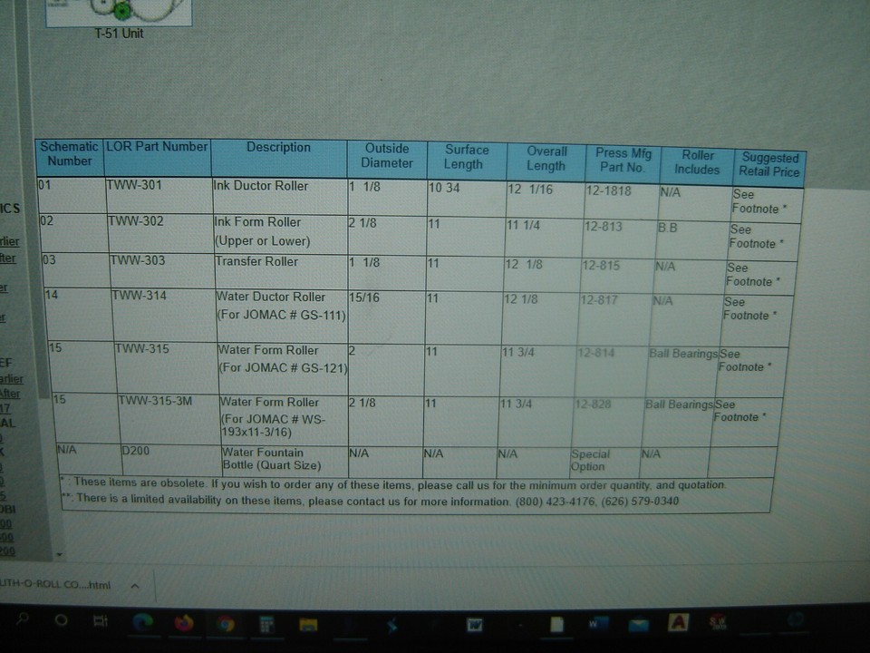Lith O Roll LOR TW-315-3M Water Form Roller Townsend T51 Color Unit ATF ...