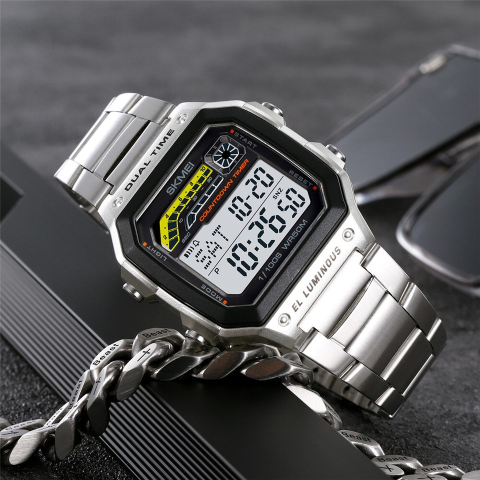 SKMEI Men Digital Watch Countdown LED Rectangle Wristwatch Steel Males ...