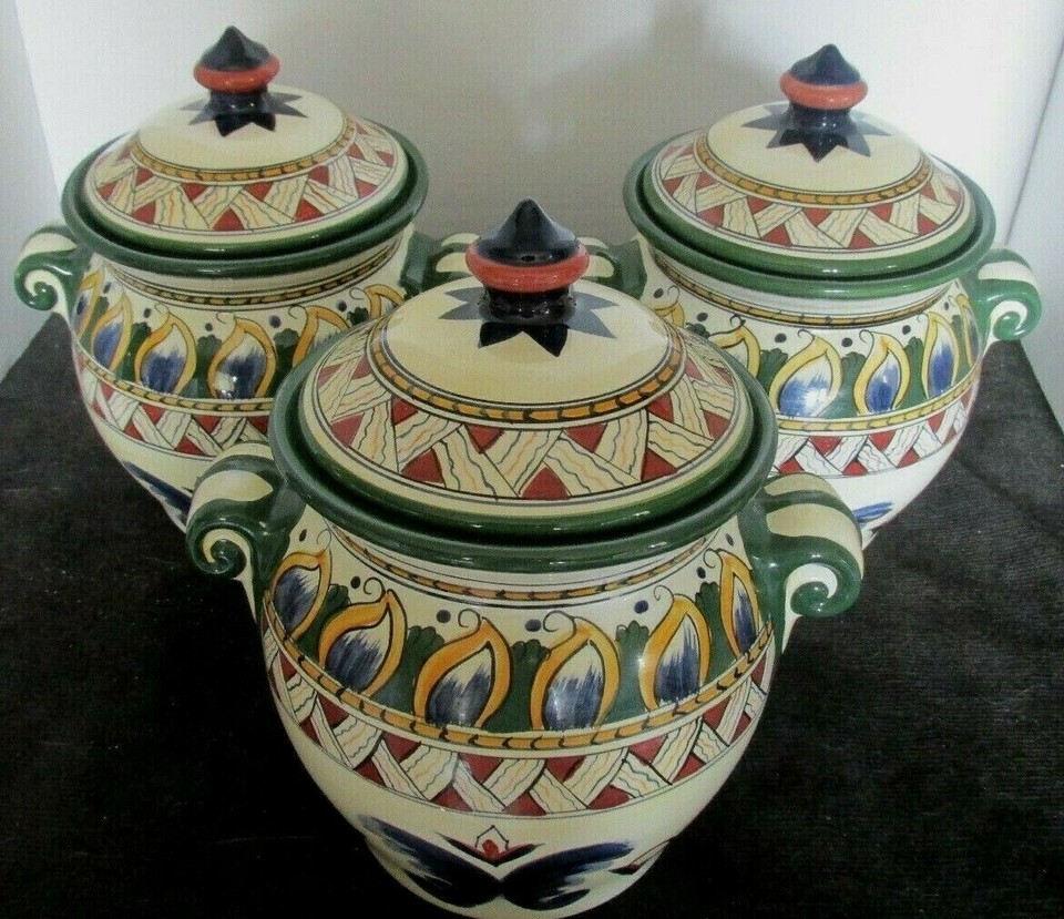 3 PCS DERUTA HP TABLETOPS BLUE GREEN FEATHER 8"W X 9"H CANISTER SET | eBay