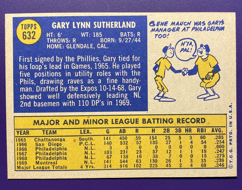 Gary Sutherland - Expos 1970 #632 Topps Baseball Card - Mint ! | eBay