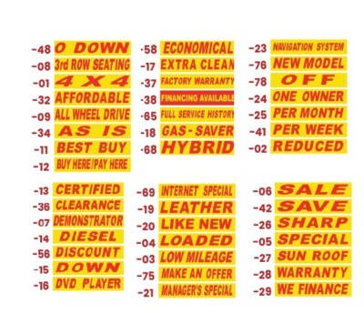 CAR DEALER SLOGAN WINDOW STICKERS RED AND YELLOW *NEW SLOGANS*** | eBay