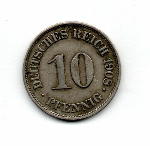1908 A GERMANY 10 PFENNIG GERMAN EMPIRE CIRCULATED COIN #FC134 FREE S&H ...