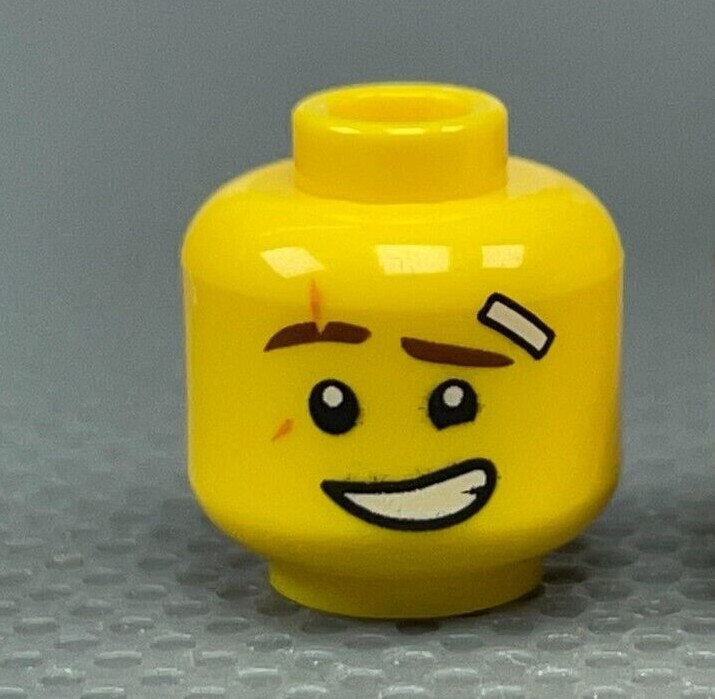 LEGO Minifigure Head Brown Eyebrows Scar White Bandage Grin with Teeth ...