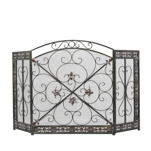 79 Metal Scroll Fireplace Screen Foldable Arched 3 Panel with Fleur De ...