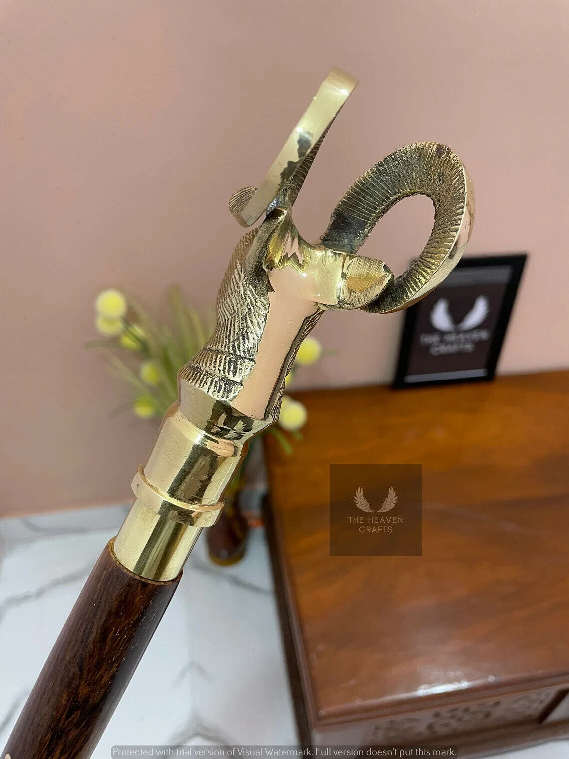 Brass goat hand Handle Antique Wooden cane Walking Stick Vintage ...