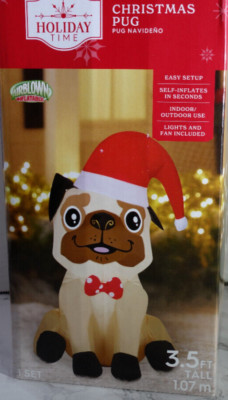 Holiday Time Christmas Pug Dog With Santa Hat Airblown Inflatable 3.5ft ...