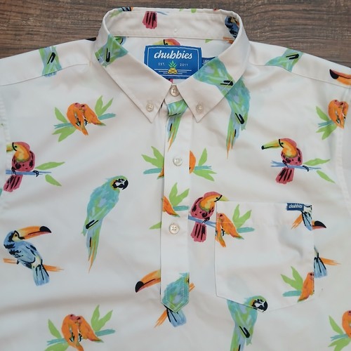 Chubbies Shirt Mens Large White Parrot Print AOP Polo Tropical Stretch ...