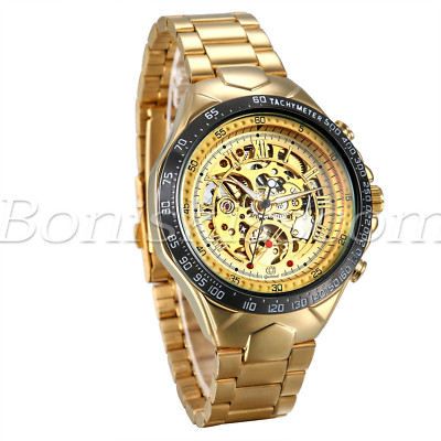 Mens Luxury Gold Tone Stainless Steel Band Automatic Mechanical Wrist ...