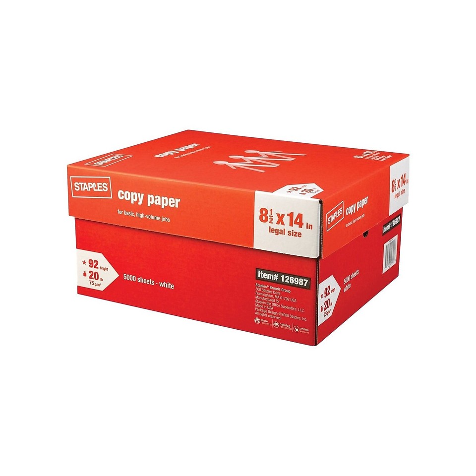Staples 8.5" x 14" Copy Paper 20 lbs. 92 Brightness 500/Ream 10 Reams ...