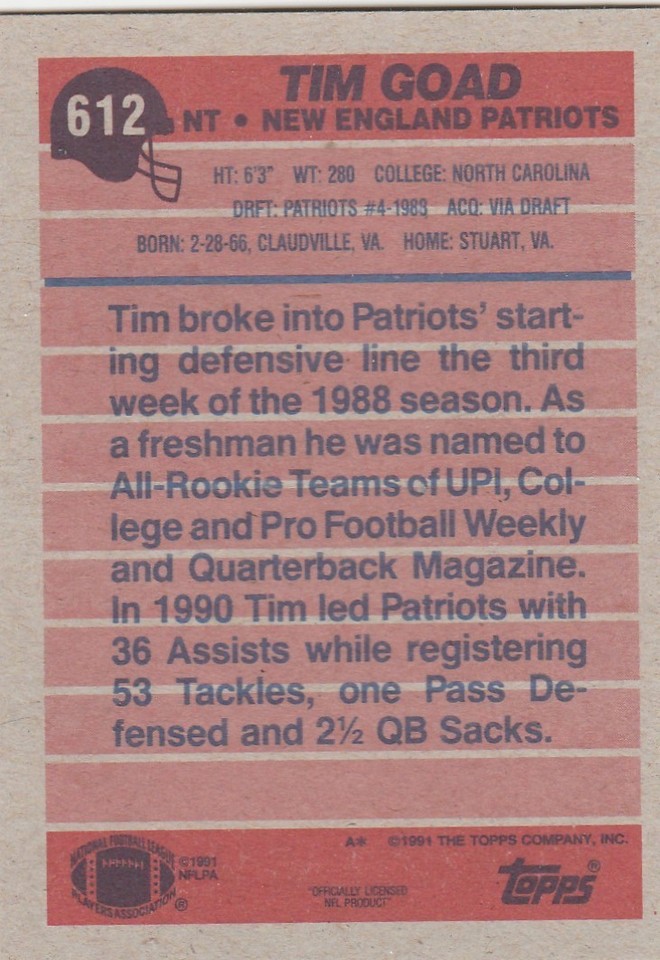 TIM GOAD 1991 TOPPS FOOTBALL CARD # 612 Patriots | eBay
