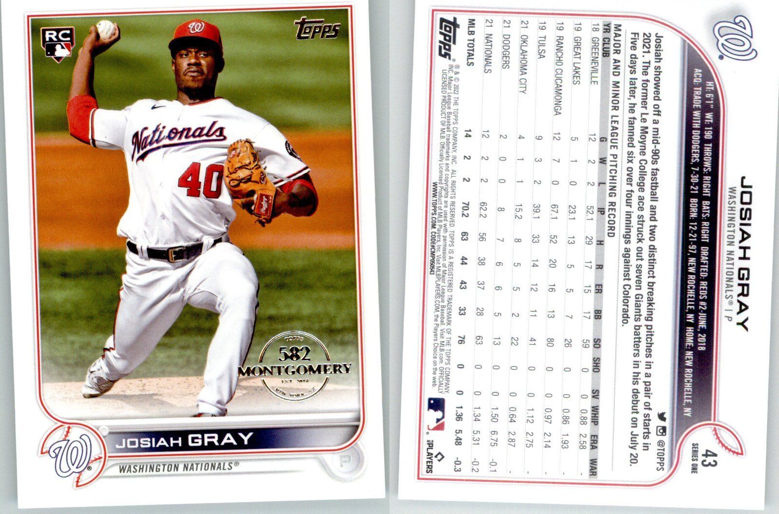 Josiah Gray 2022 Topps 582 Montgomery Stamped Set #43 Nationals RC ...
