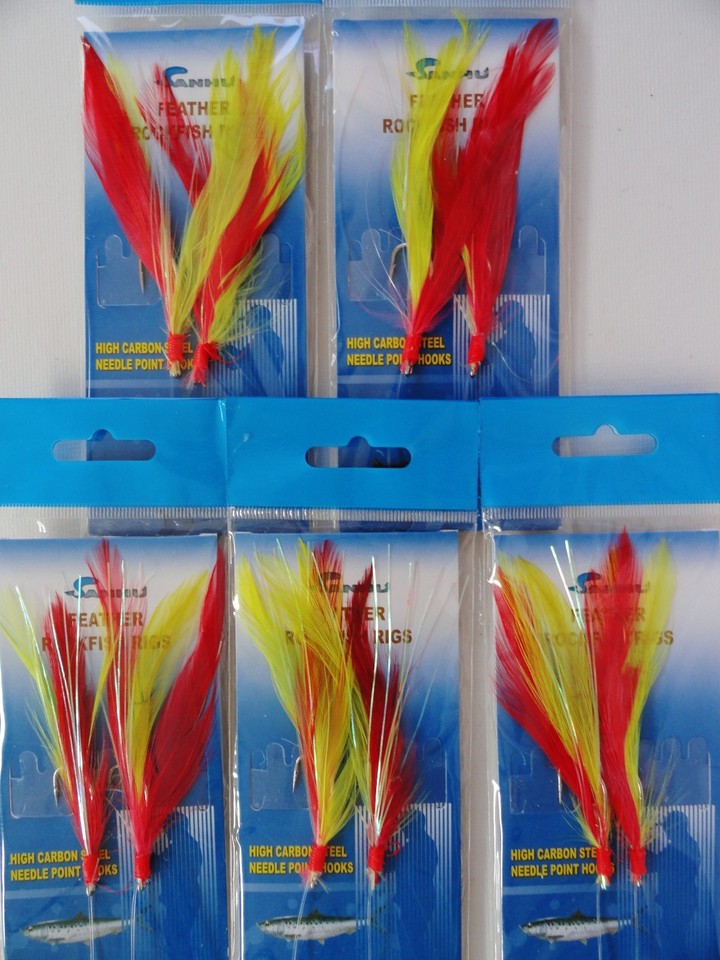 3-100 packs size 3/0 rock cod rigs red/yellow feather rockfish baits-2 ...