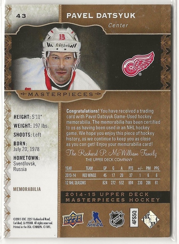 2014-15 UD Masterpieces Memorabilia Jersey #43 Pavel Datsyuk Detroit ...