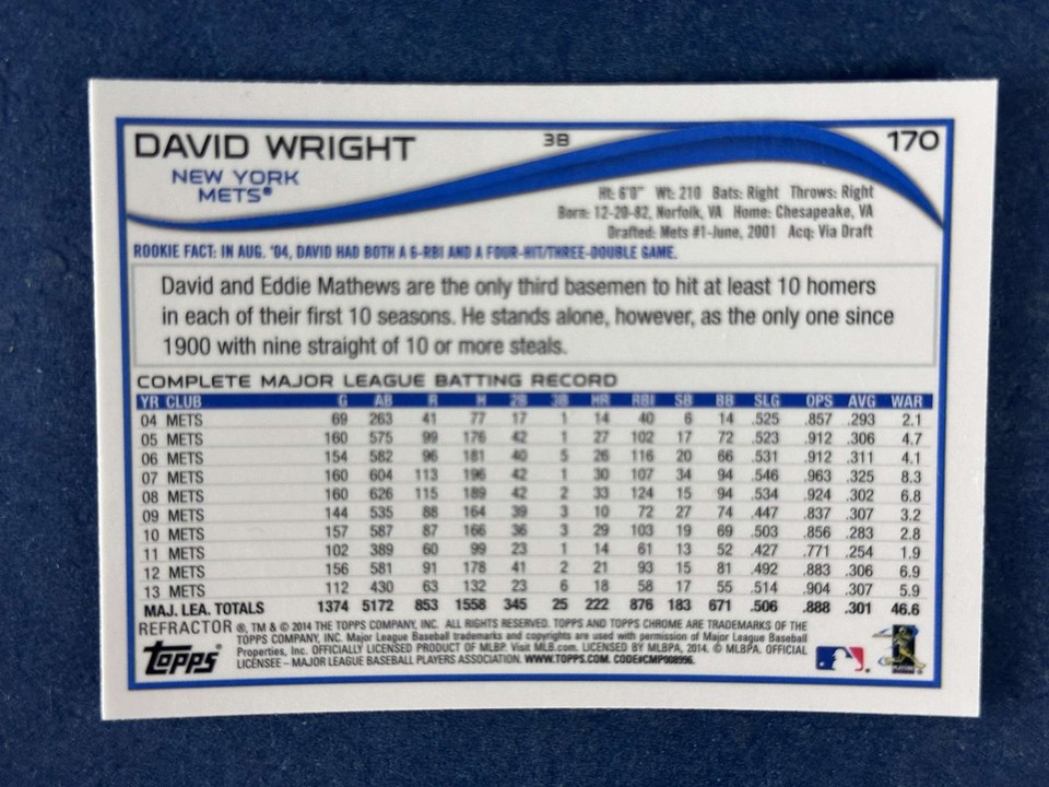 2014 Topps Chrome Refractor #170 David Wright New York Mets | eBay