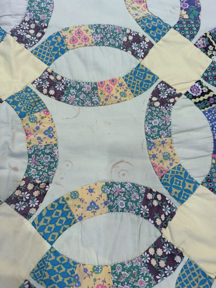 VTG ANTIQUE ORIGINAL HANDMADE DOUBLE WEDDING RING PATTERN QUILT 75x100 ...