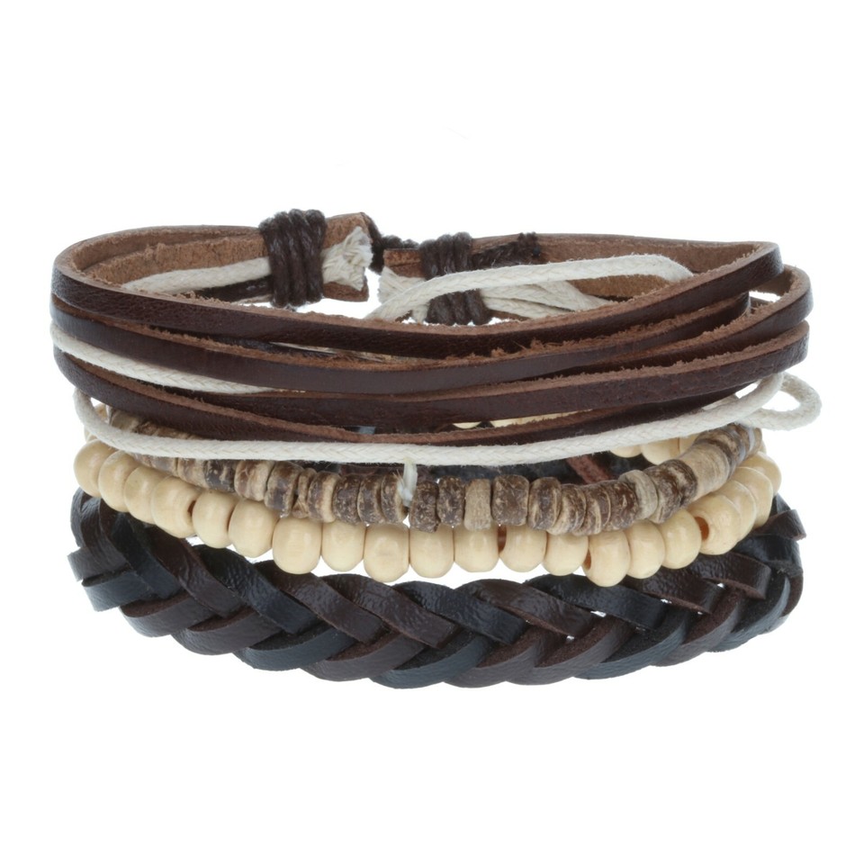 Mens Leather Bracelet Surfer Wide Multi Row Layer Stack Wristband Wrap ...