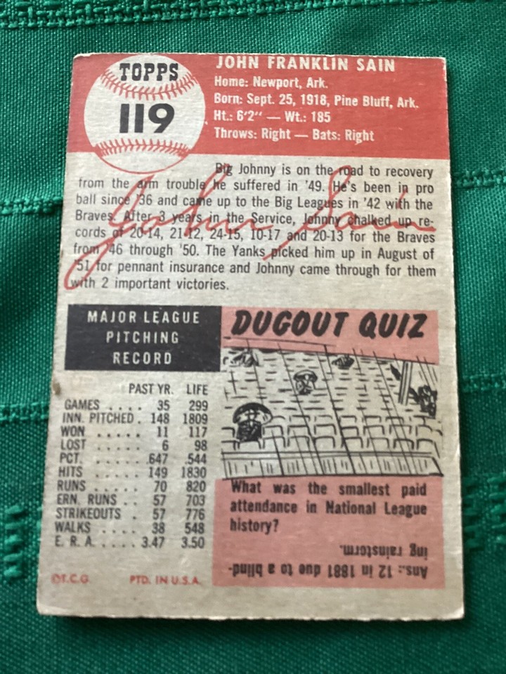 1953 Topps Baseball #119 JOHN SAIN.. Nice, No Creases | eBay