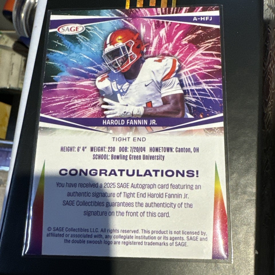 2025 SAGE HAROLD FANNIN JR AUTO A-HFJ CLEVELAND BROWNS ROOKIE CARD RC ...