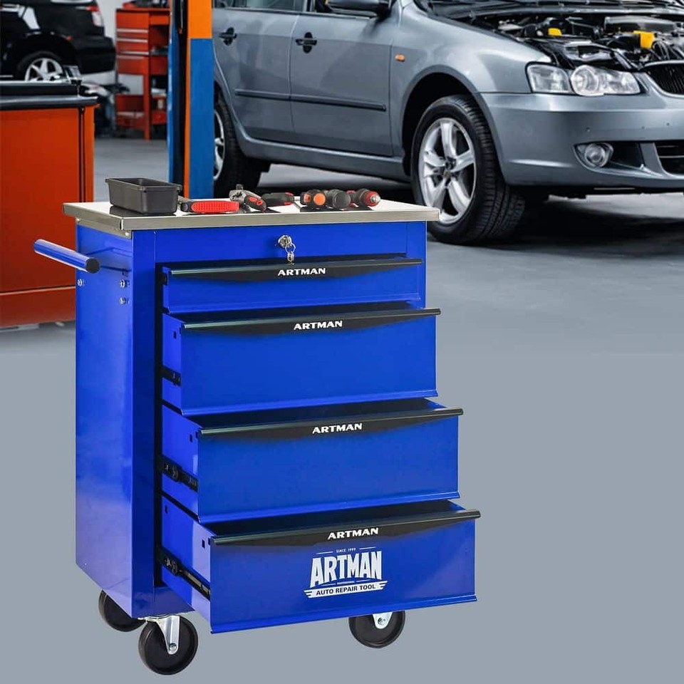 13.58 in. W 4-Drawer Rolling Blue and Black Metal Tool Cabinets w/ Ball ...