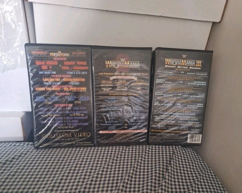 Lot Of 1 2 3 VHS WrestleMania I II III Big CLAMSHELL Boxes HULK HOGAN ...