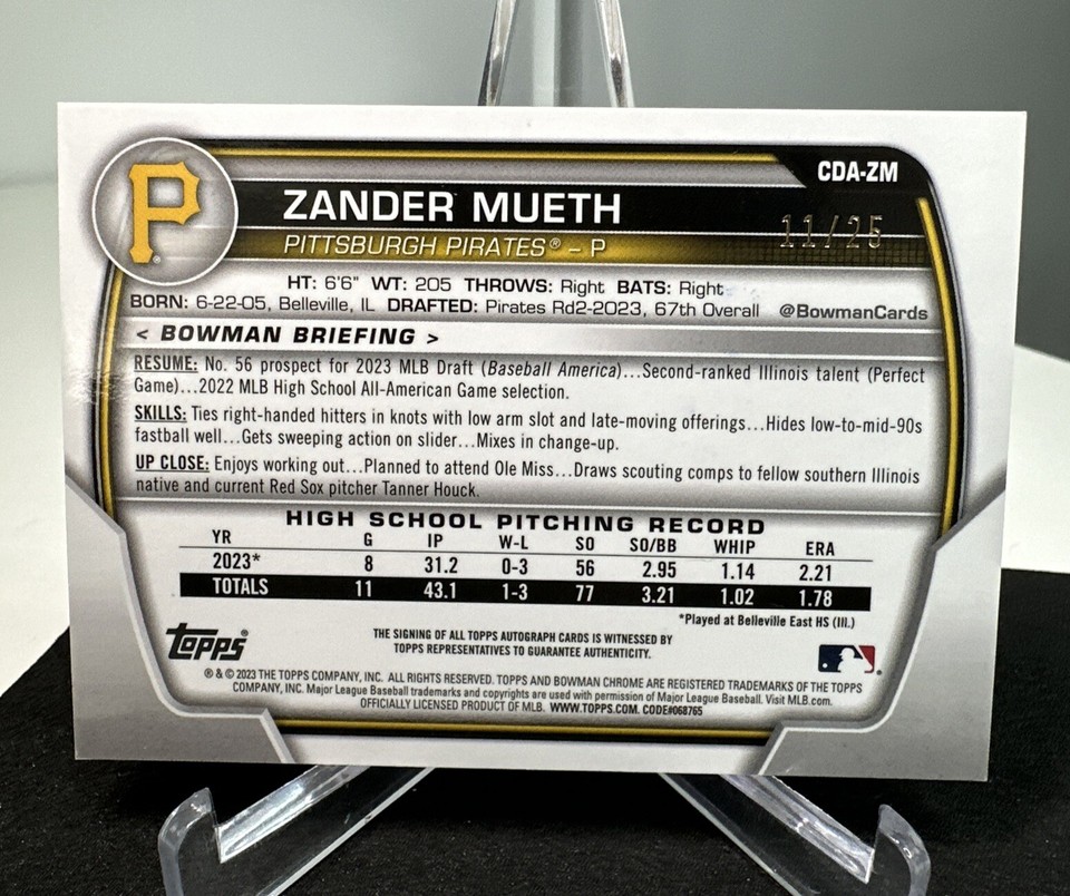 2023 Bowman Zander Mueth Orange Chrome 1st Refractor Auto /25 Pirates # ...