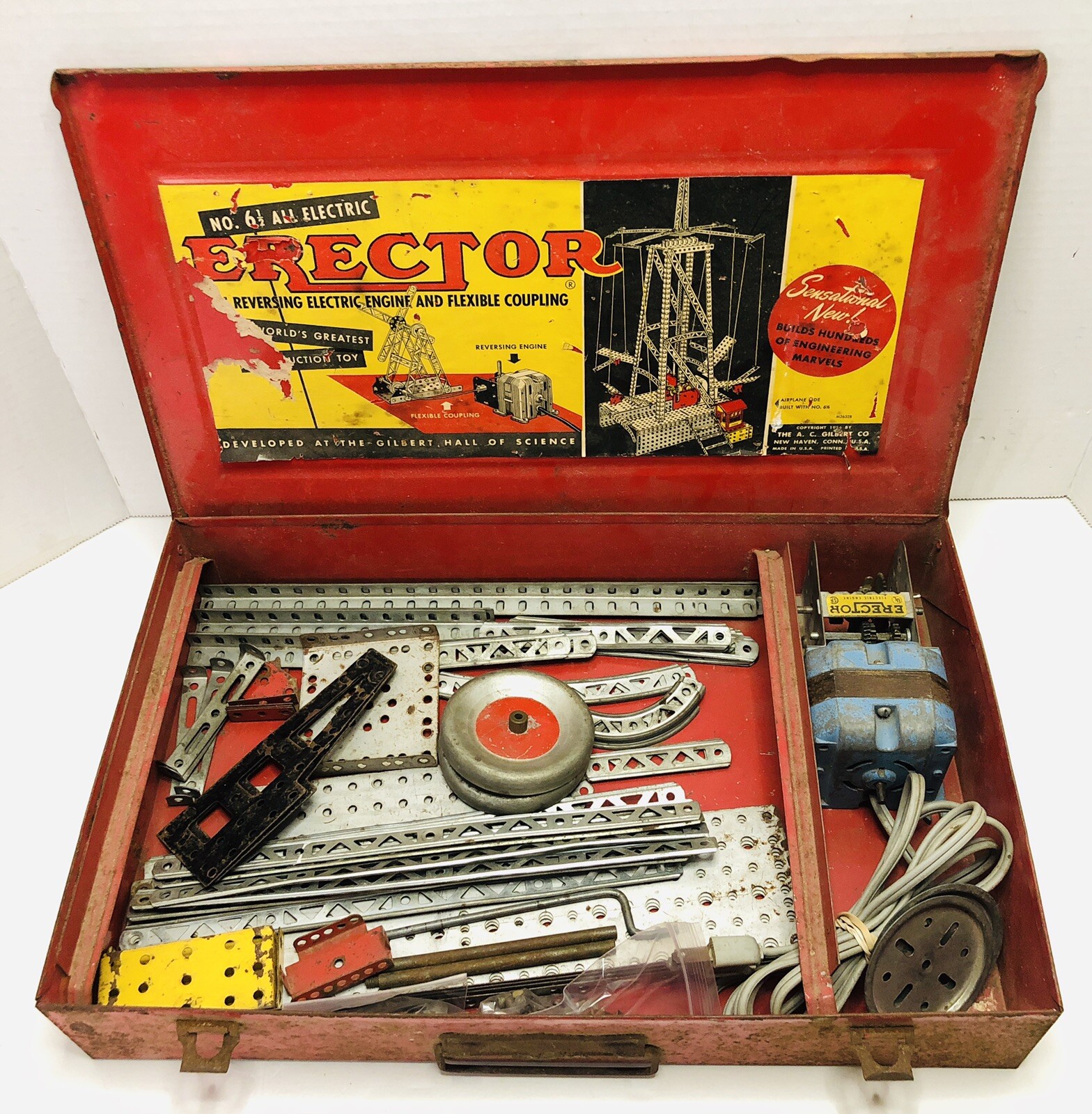 1954 A.C. Gilbert Erector Set 6 1/2 w/ Working Electric Motor & Parts ...