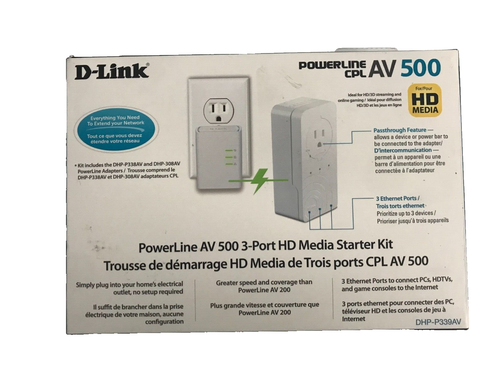 D-Link PowerLine AV 500 3 Port Passthrough Adapter Media Extender Kit ...