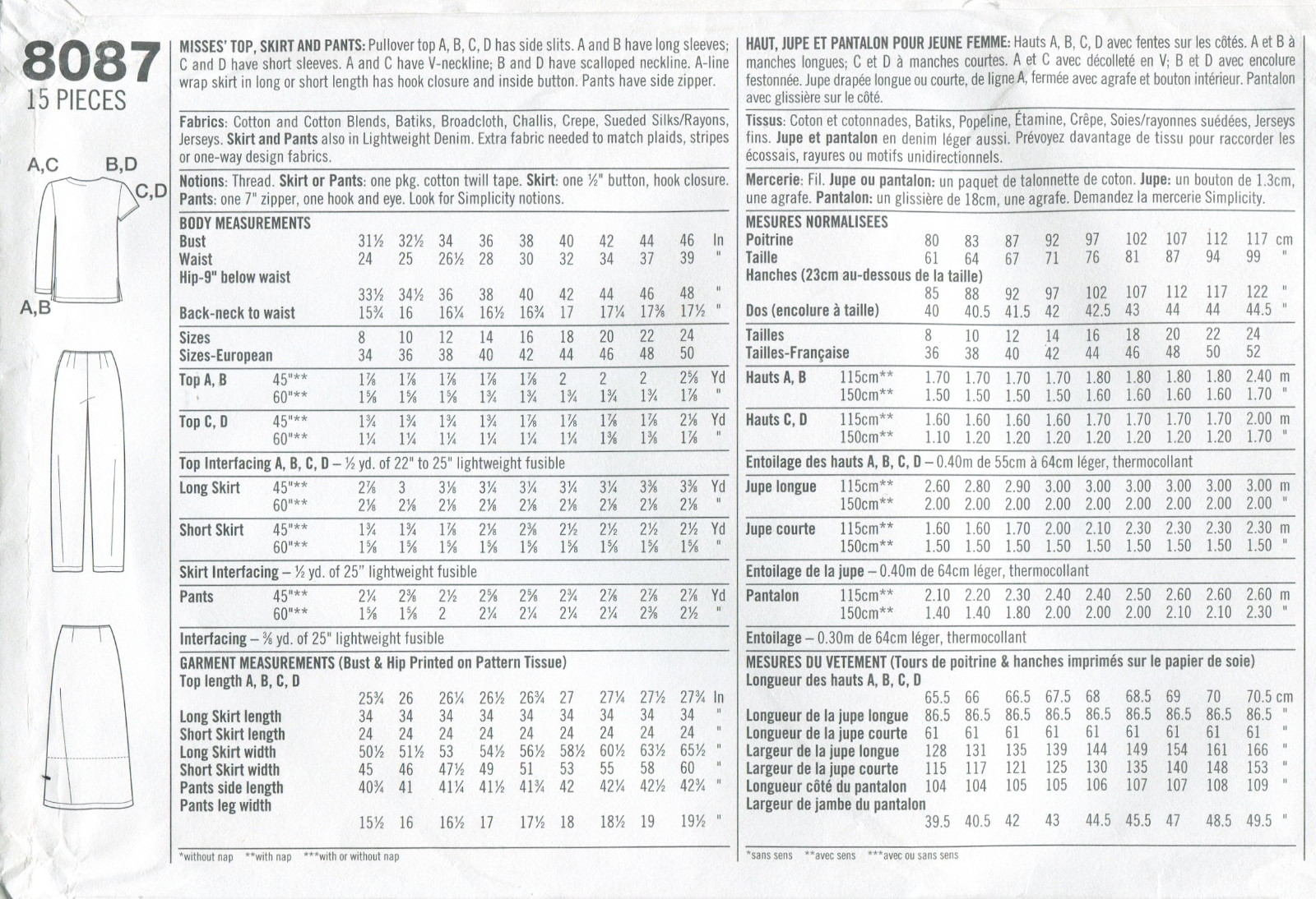 Simplicity 8087 Misses 2 Hour Top Skirt Pants Sewing Pattern Uncut | eBay