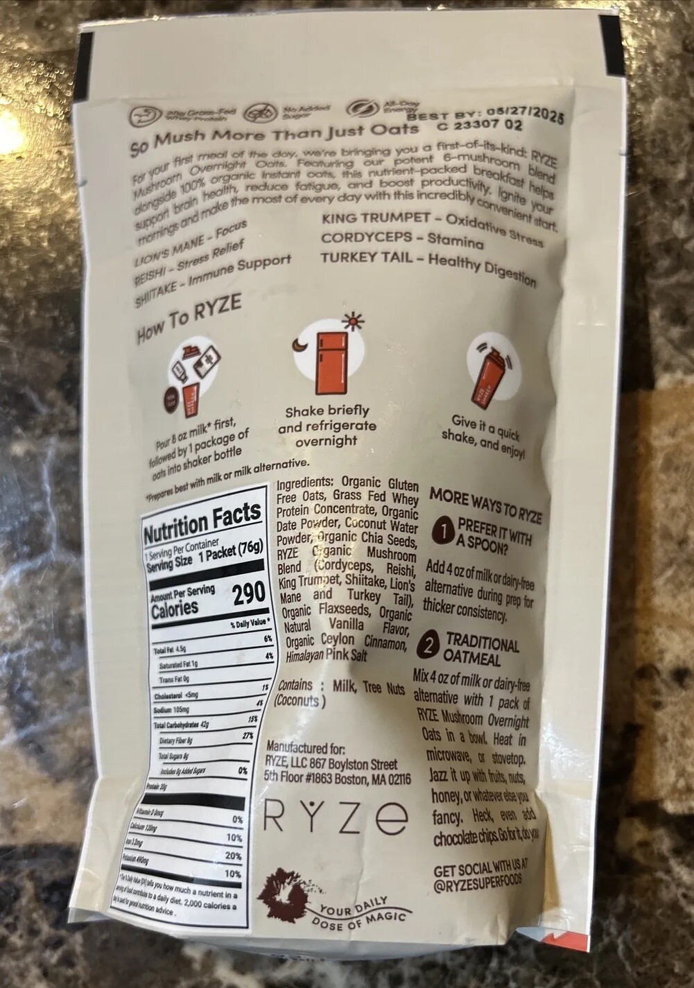 RYZE ORGANIC MUSHROOM OVERNIGHT OATS Box of 14 PROTEIN OATMEAL SERVINGS ...