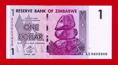 ONE 1 DOLLAR 2007 ZIMBABWE UNC NOTE - Sign: Dr. G. Gono - Prefix "AB ...