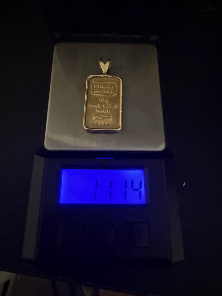 Credit Suisse 10g Fine 9999 Gold Bar 24K With Gold Bezel Pendant 11.15 ...
