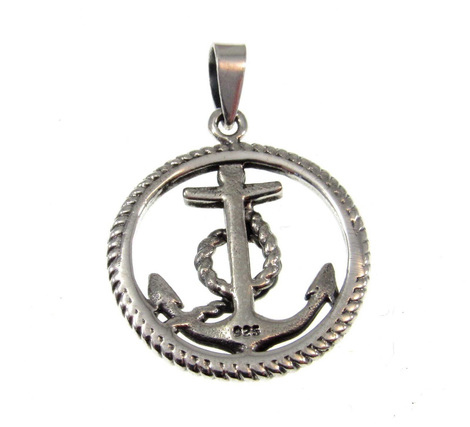 Solid 925 Sterling Silver Round Boat Anchor And Rope Pendant ...