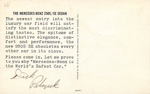 ANTIQUE AUTO, MERCEDES-BENZ 250S/SE SEDAN, VINTAGE POSTCARD (X318) | eBay