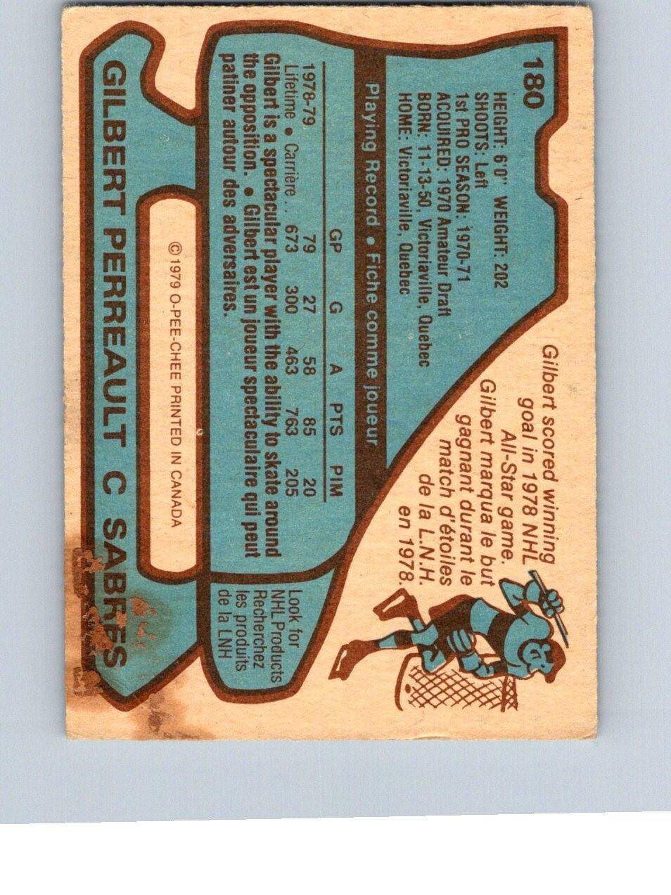 VINTAGE HOCKEY CARD O-PEE-CHEE 1979 BUFFALO SABRES GILBERT PERREAULT ...