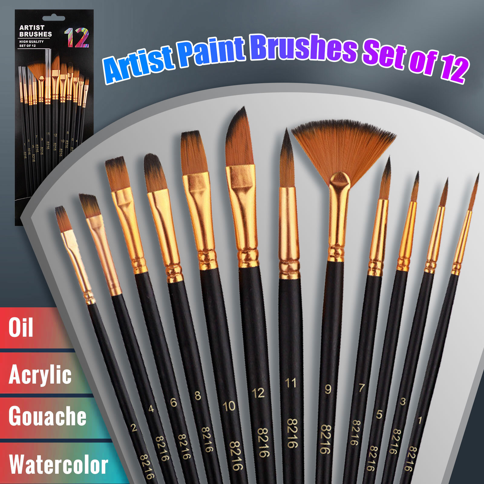 12Pcs Artist Paint Brushes Set Art Acrylic Oil Watercolour Painting ...