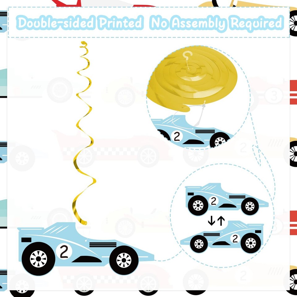 Two Fast Race Car Party Hanging Swirls Checkered Flag Ceiling ...