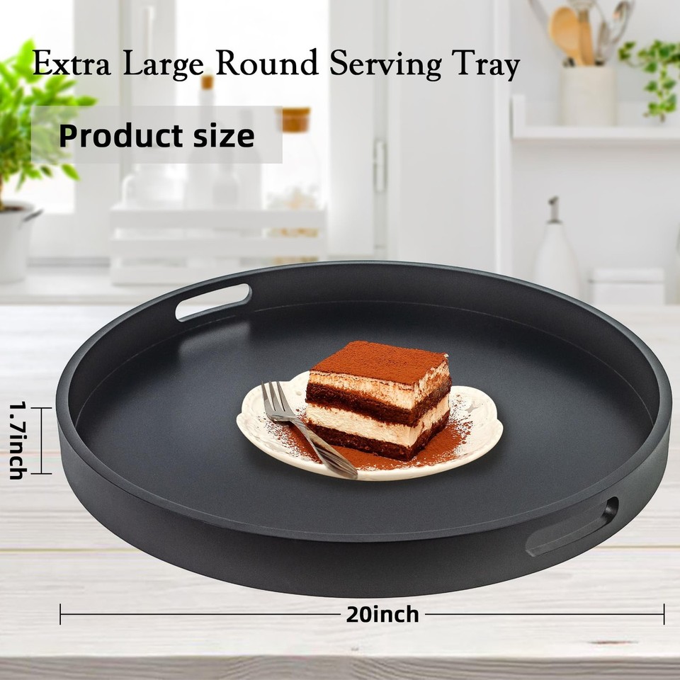 Large Round Black Tray, 20" Extra Large Black Ottoman Tray, Wood ...