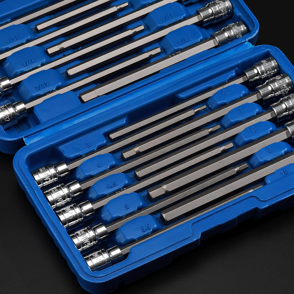 3/8" Drive Extra Long Allen Hex Bit Socket Set S2&CR-V Metreic&Sae18 ...