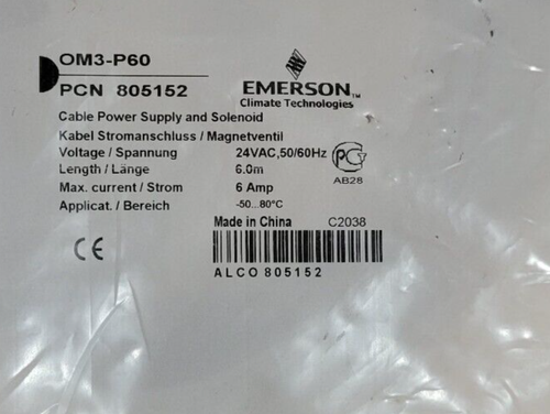 EMERSON 6M LENGTH CABLES WITH CONNECTOR ALCO OM3-P60, 24VAC 50/60HZ 6A ...